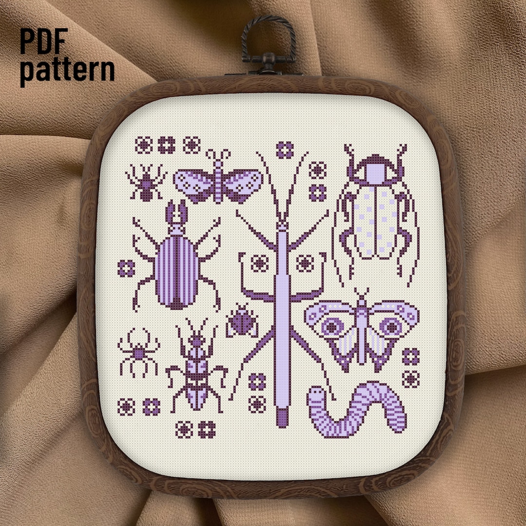 Violet Insects Cross Stitch Pattern, Bug Beetle Butterfly Embroidery ...