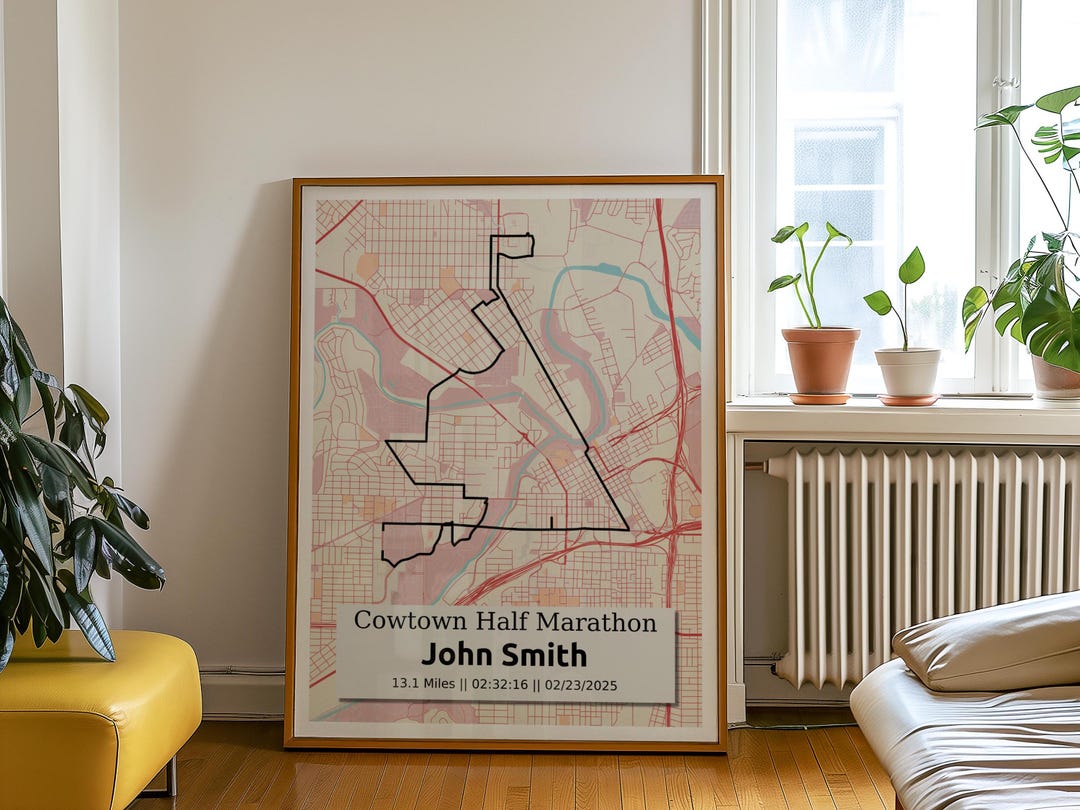 Cowtown Half Marathon Custom Map Poster, Personalized Running Time and ...