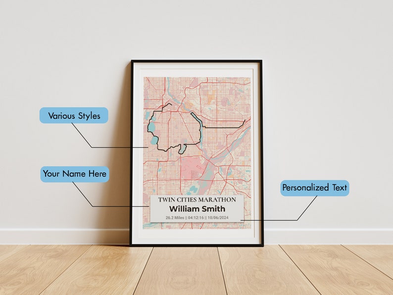 Custom Twin Cities Marathon Map Poster, Personalized Running Time and ...