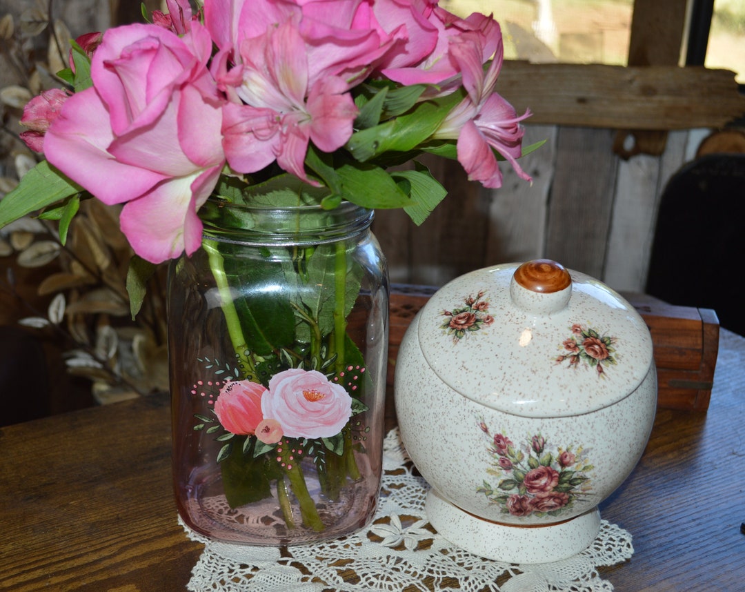 Set of 2 Pink Rose Jars Mason Jar Ceramic Jar With Lid - Etsy