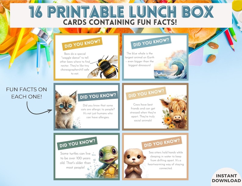Lunch Box Fun Facts for Kids INSTANT DOWNLOAD - Note Cards for Kids ...