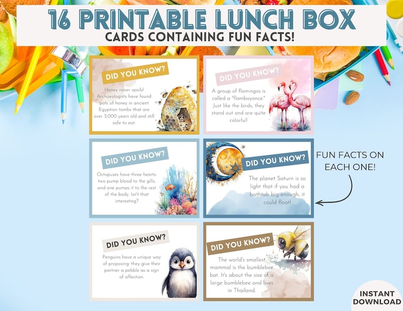 Lunch Box Fun Facts for Kids INSTANT DOWNLOAD - Note Cards for Kids ...