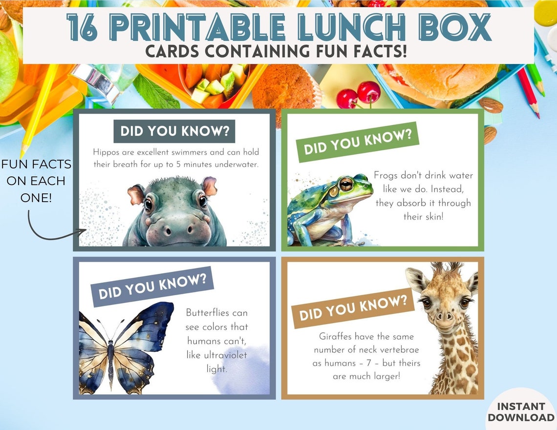 Lunch Box Fun Facts for Kids INSTANT DOWNLOAD Note Cards for - Etsy