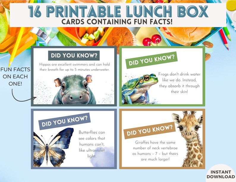 Lunch Box Fun Facts for Kids INSTANT DOWNLOAD - Note Cards for Kids ...