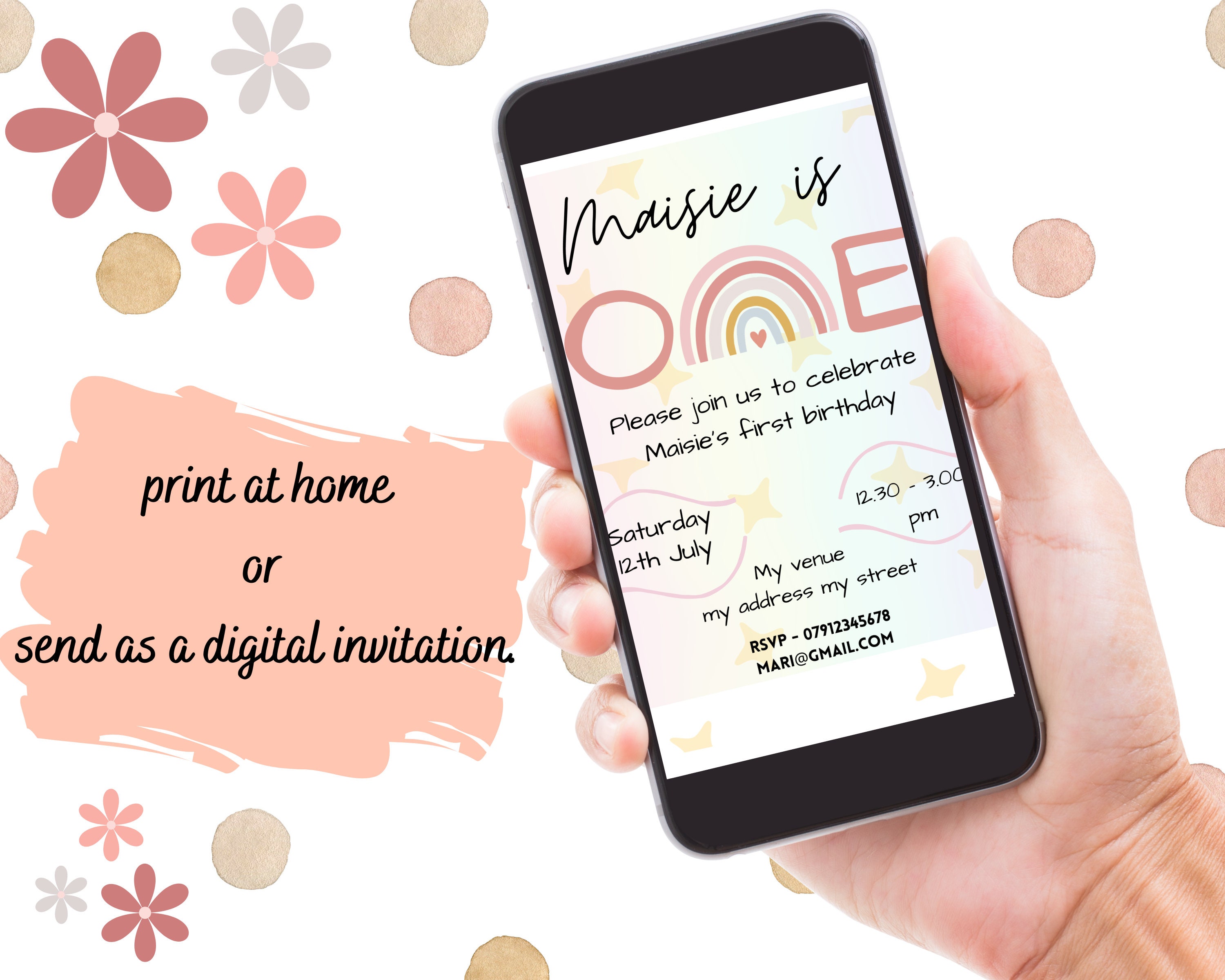 Editable 1st Birthday Party Invitation, Rainbow First Birthday Party ...