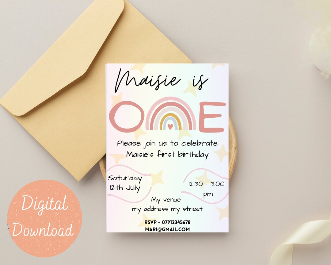 Editable 1st Birthday Party Invitation, Rainbow First Birthday Party ...