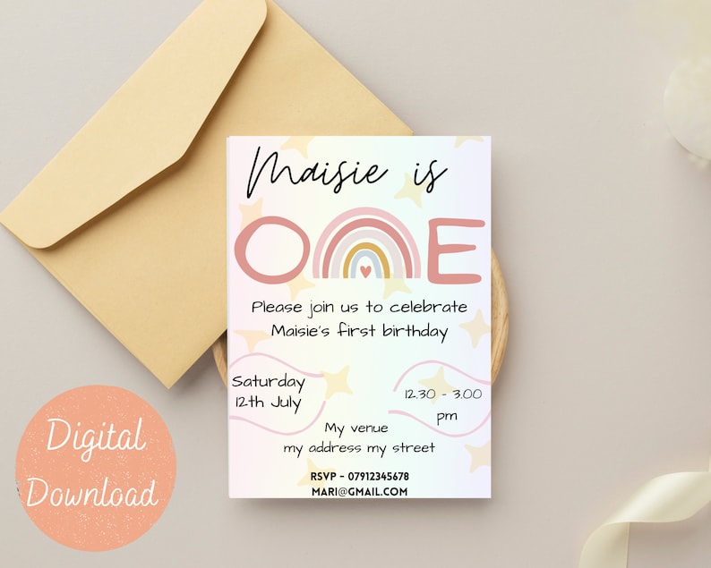 Editable 1st Birthday Party Invitation, Rainbow First Birthday Party ...