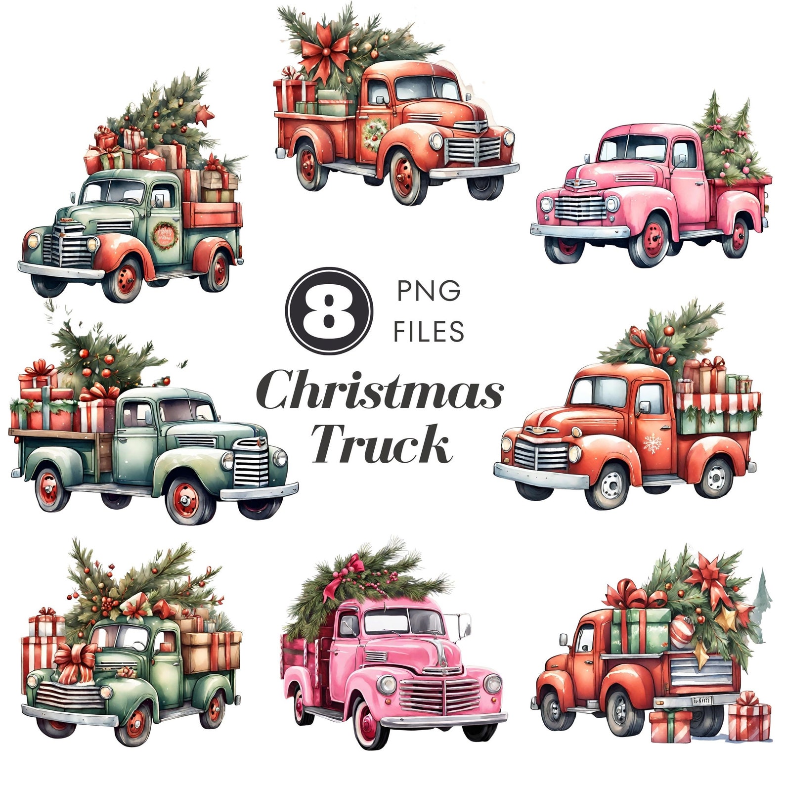 Watercolor Vintage Christmas Truck Clipart, Holiday PNG for Commercial ...