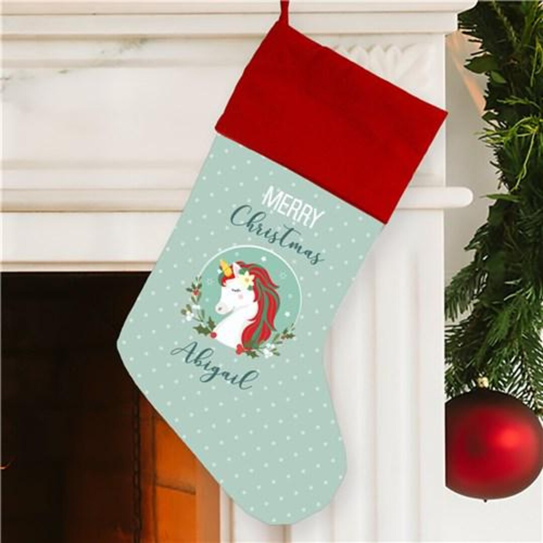 Personalized Merry Christmas Unicorn Stocking Red Cuff, Name Holiday ...
