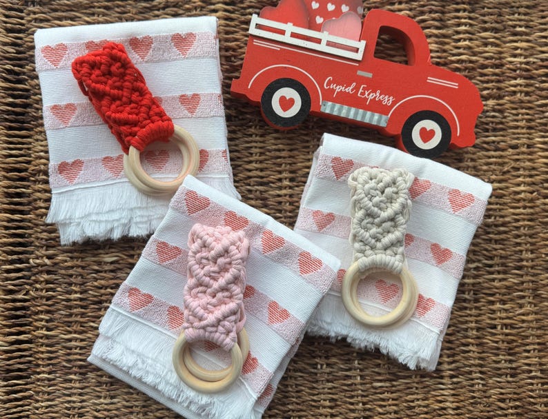 Valentine's Day Heart Macrame Dish Towel Holder Set, Ring, Hanger for ...