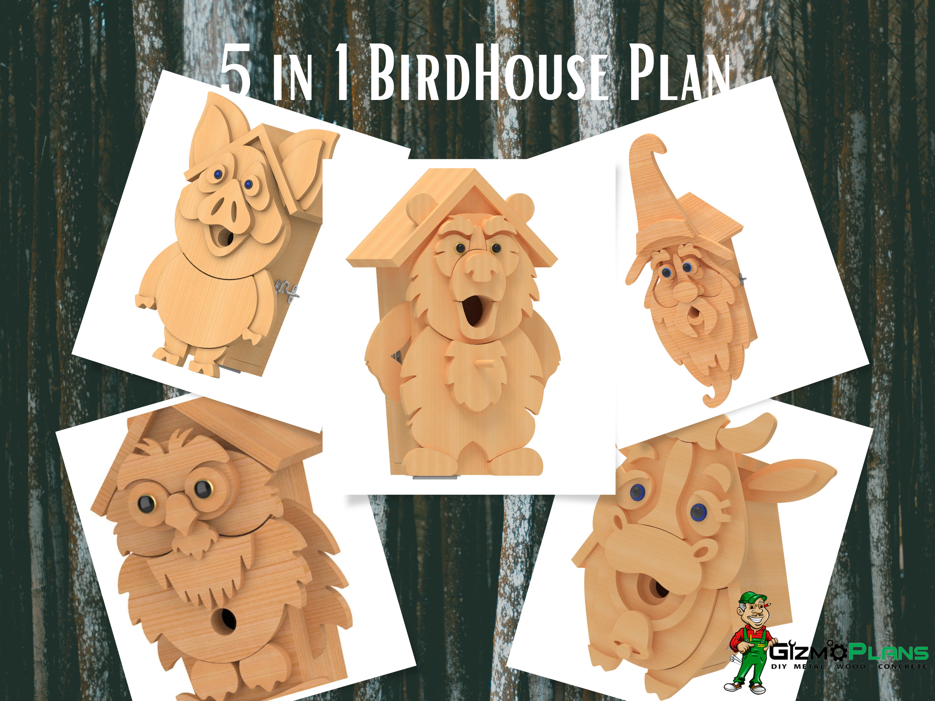 Birdhouse Plan Bundle - Owl, Bear, Hillbilly, Cow, and Pig - 5 in 1 ...
