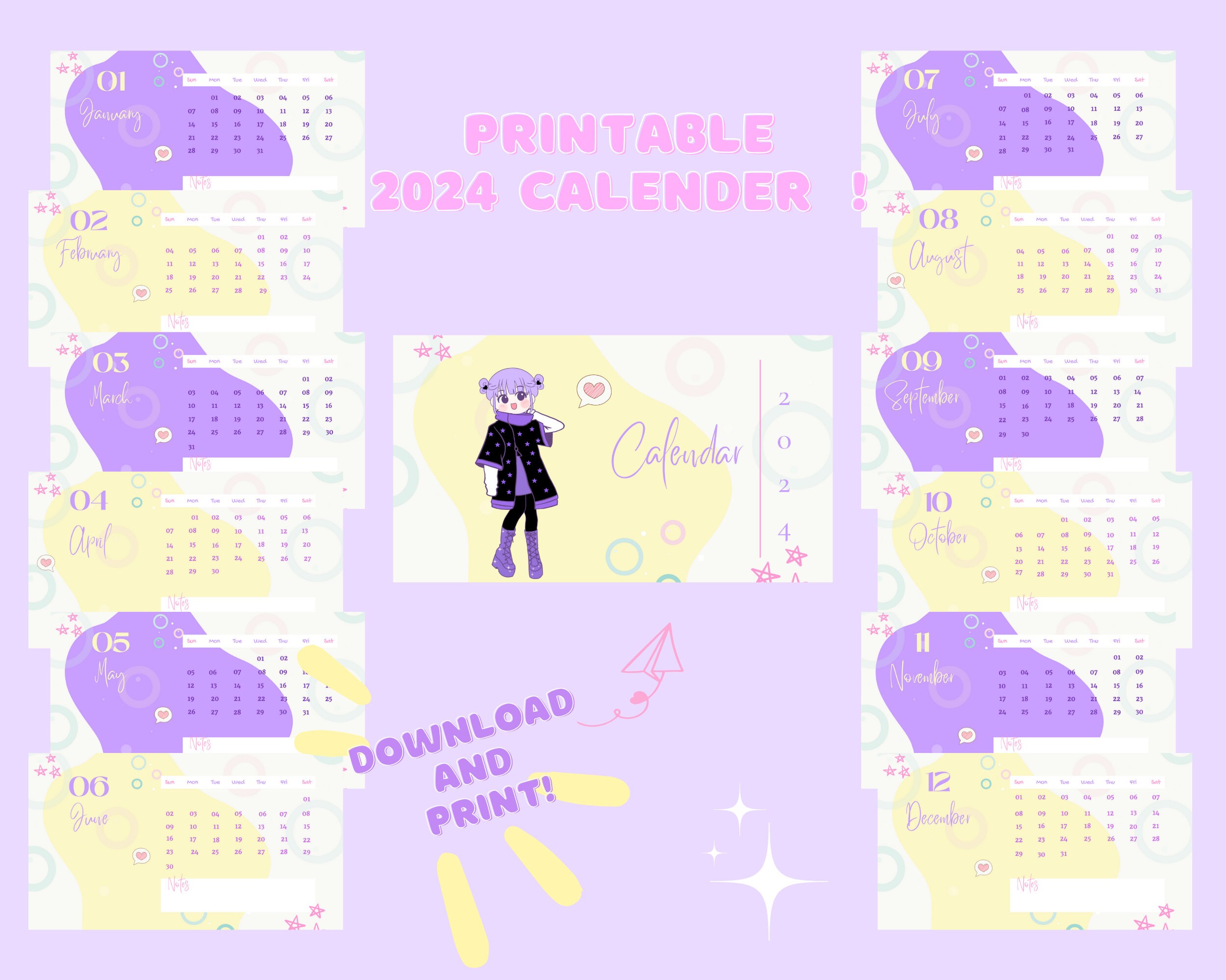 Calendar, 2024 Calendar, Digital Printable, Printable, Purples, Yellows ...