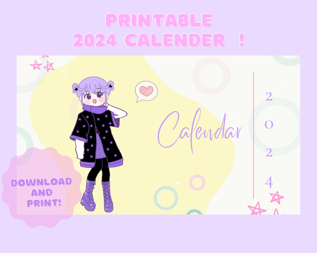 Calendar, 2024 Calendar, Digital Printable, Printable, Purples, Yellows ...