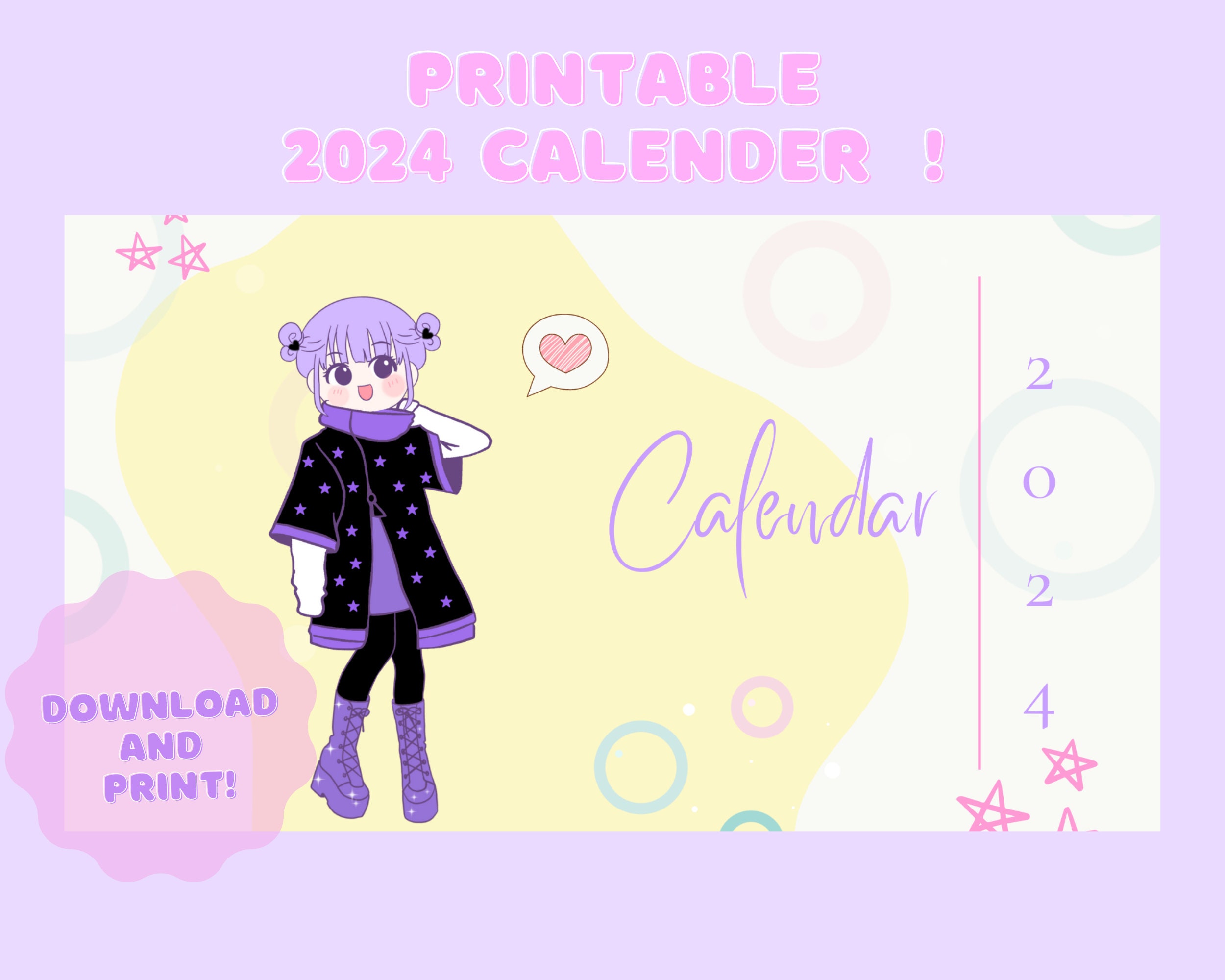 Calendar, 2024 Calendar, Digital Printable, Printable, Purples, Yellows ...