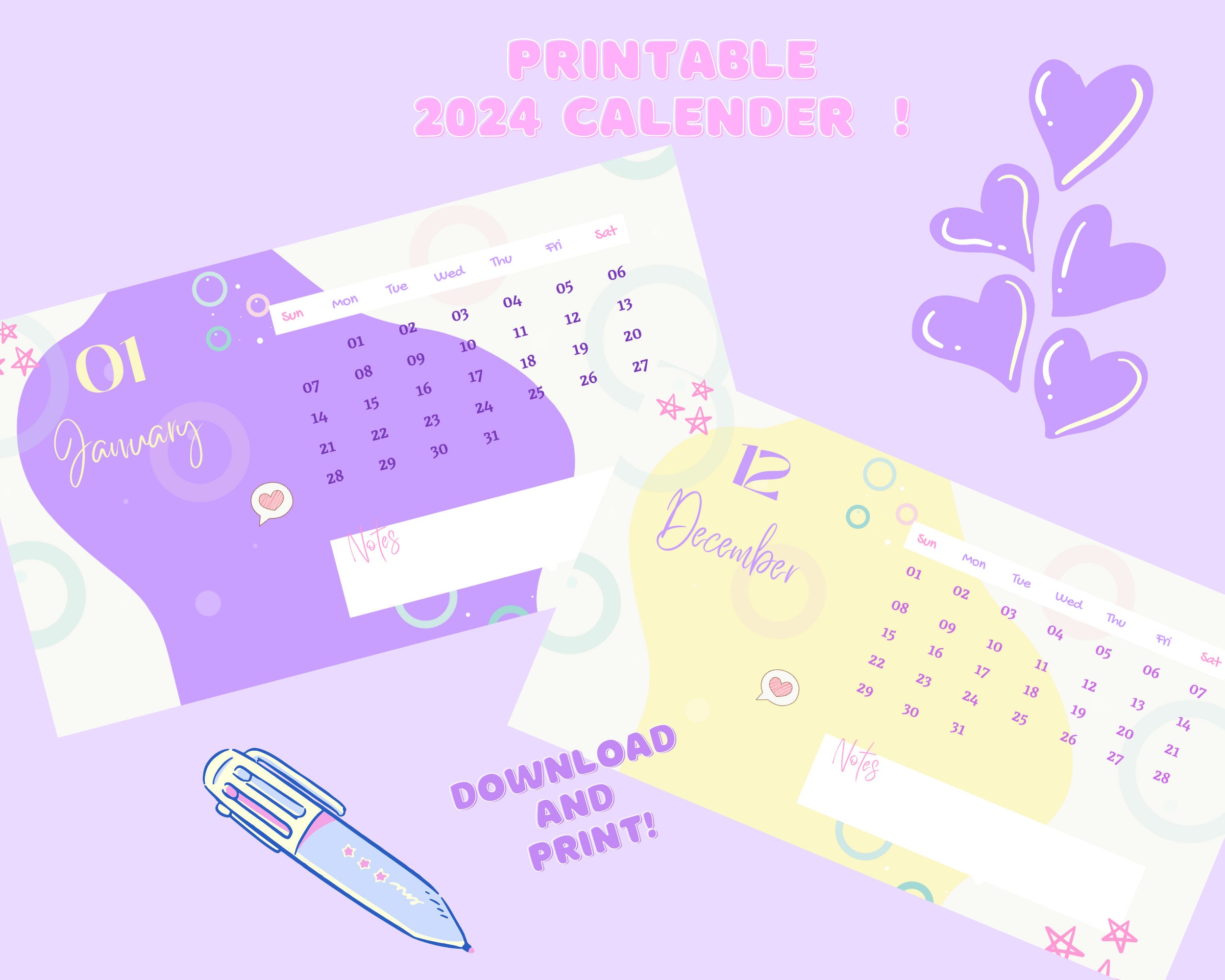 Calendar, 2024 Calendar, Digital Printable, Printable, Purples, Yellows ...