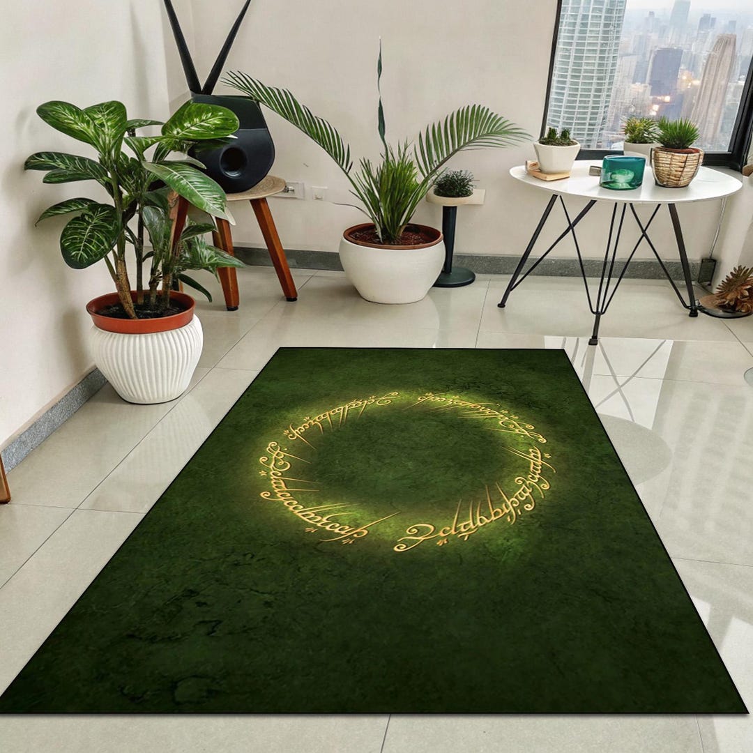 Lord of the Rings Area Rug, Elvish Inscription Forest Green Carpet ...