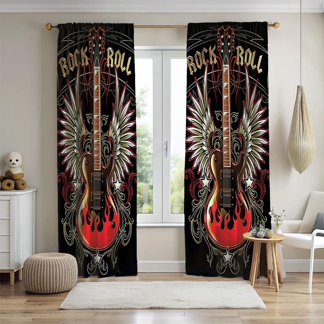 Flaming Guitar Drapes, Rock and Roll Music Room Curtain - Etsy