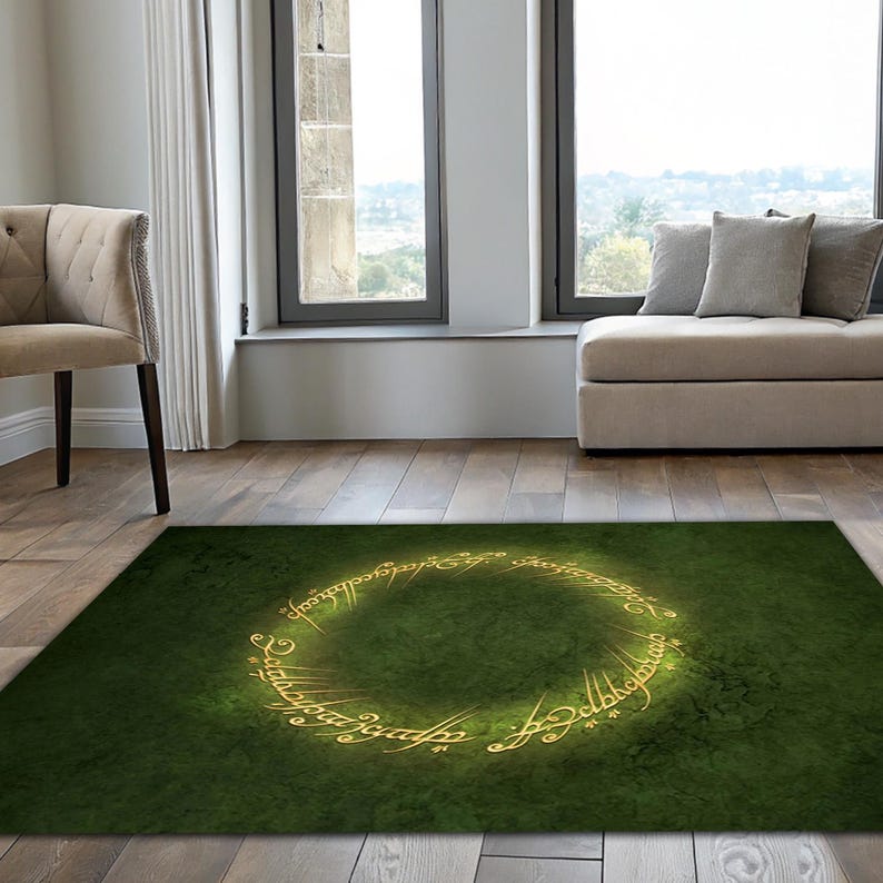 Lord of the Rings Area Rug, Elvish Inscription Forest Green Carpet ...