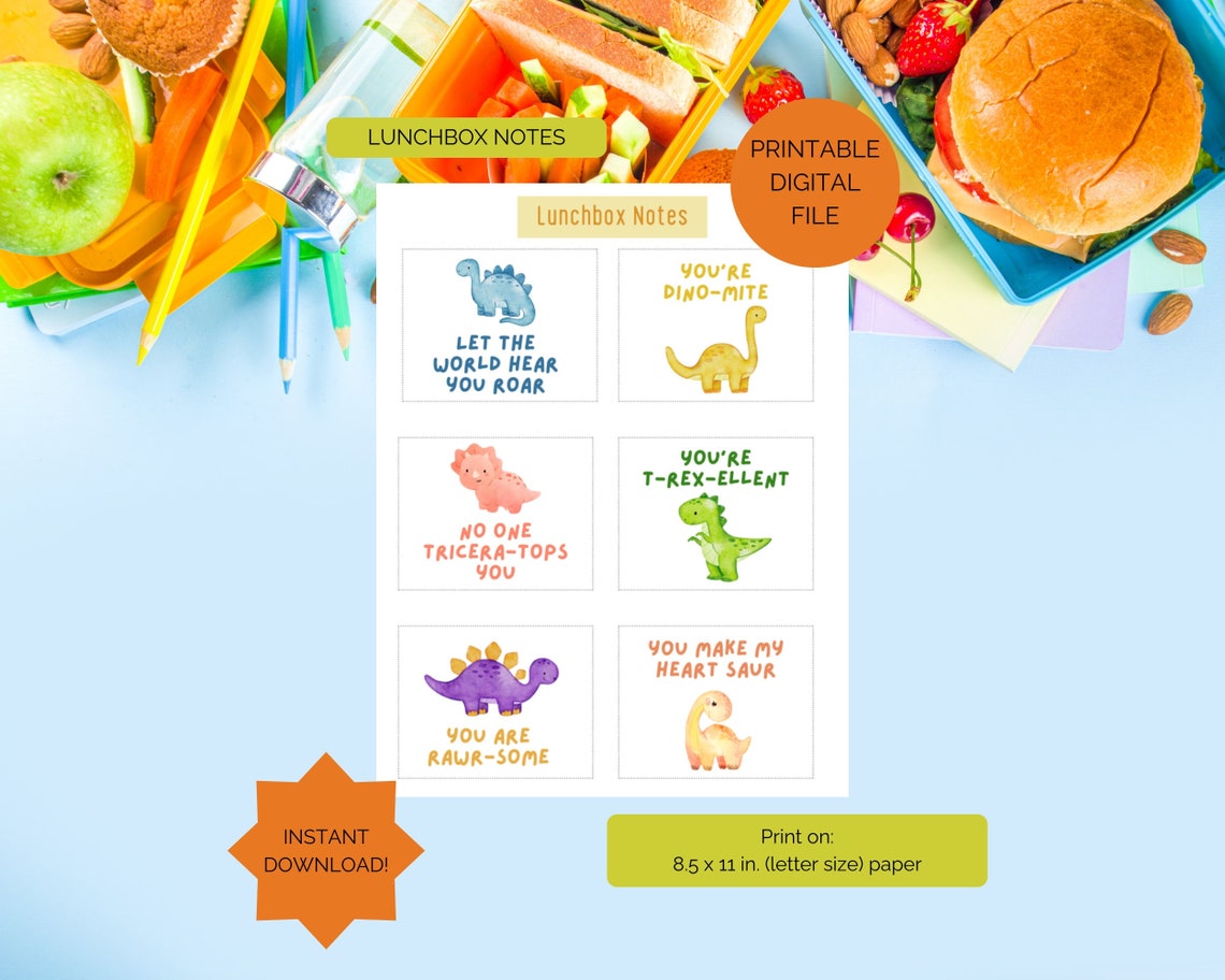 Dinosaur Printable Lunchbox Notes & Affirmations for Kids - Instant ...