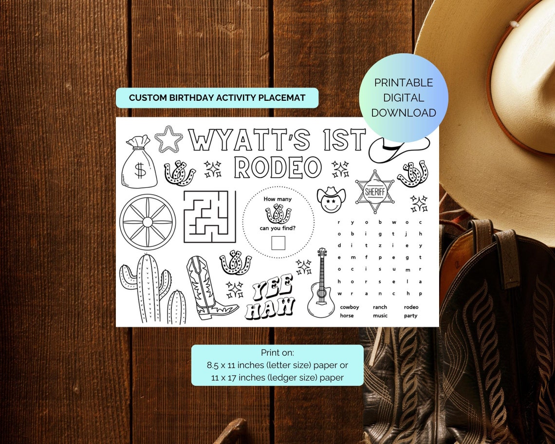 1st Rodeo Activity Placemat Custom Party Decor ONE First Birthday Rodeo ...