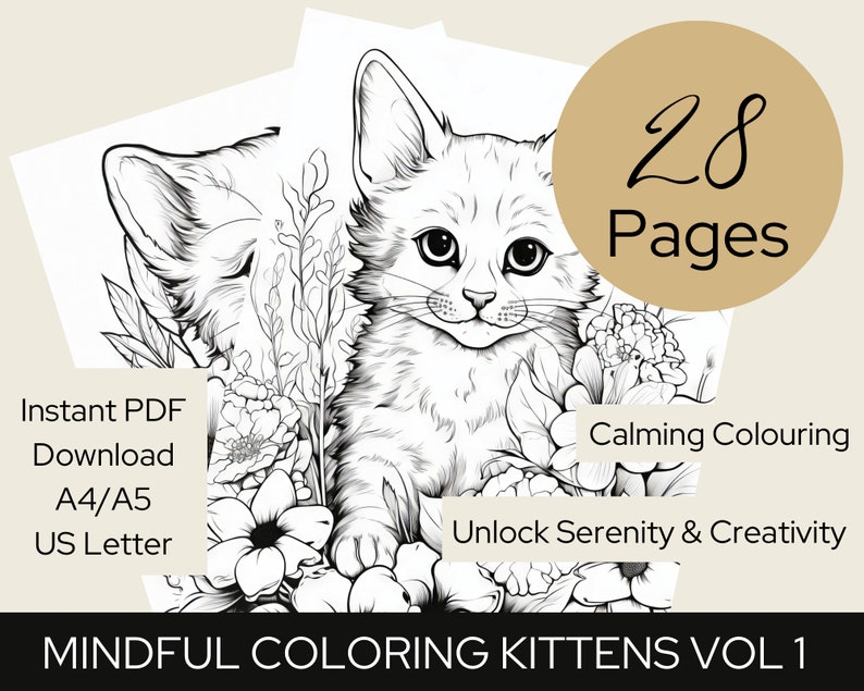 Mindful Coloring Pages PDF of Kittens Mindfulness Gift Workbook for ...