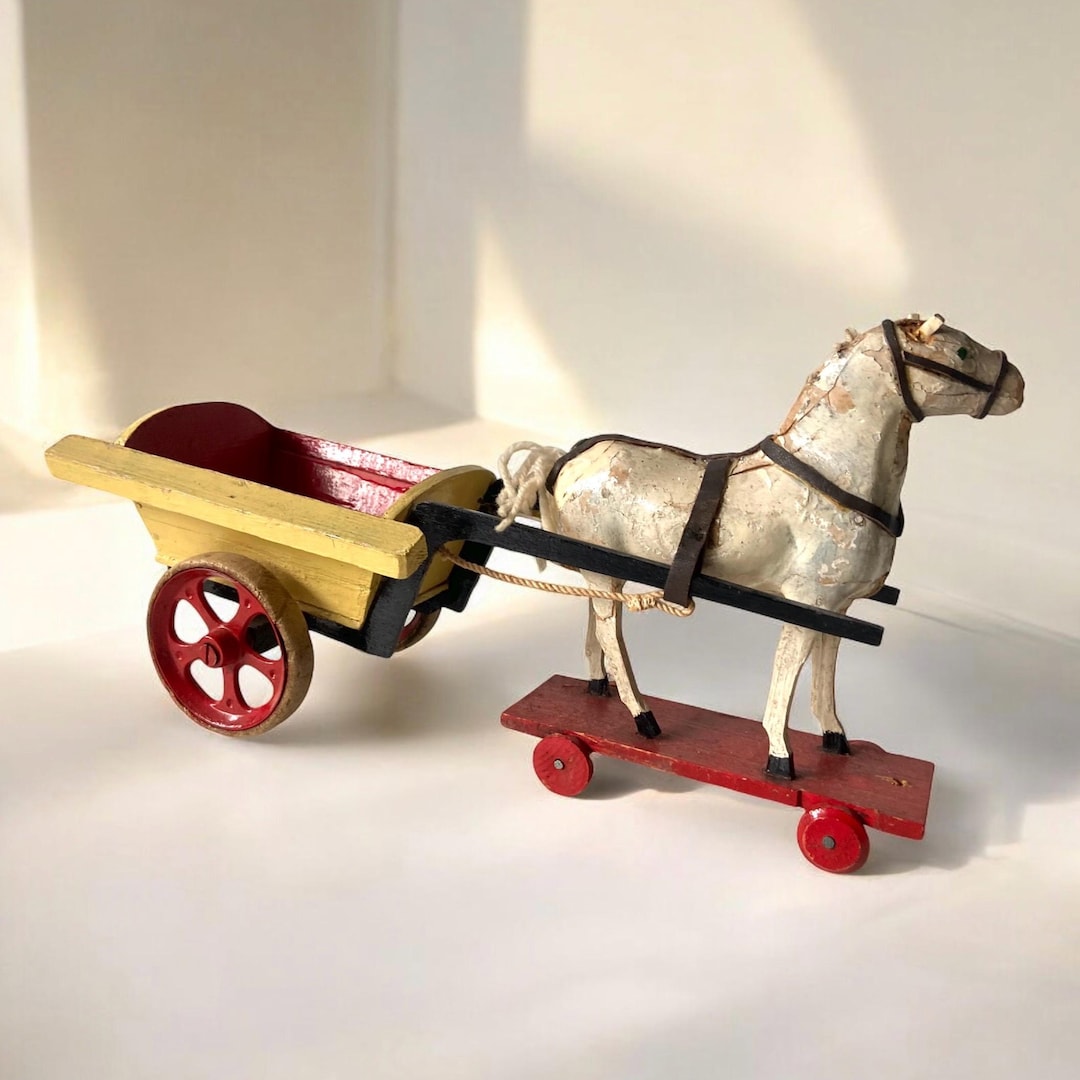 Antique Toys - Horse and Carriage - Paper Mache - Wood - Etsy UK