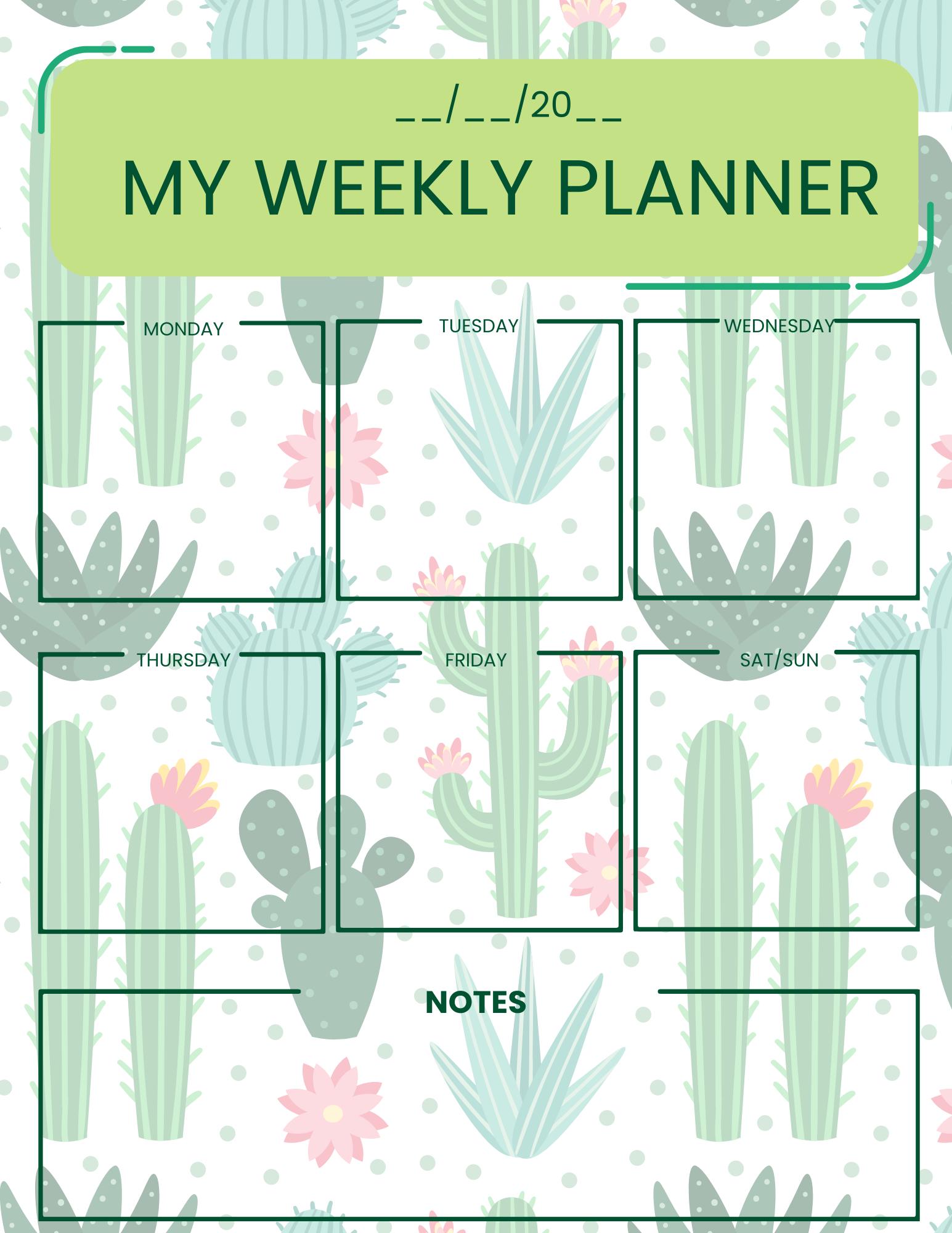 Digital Weekly Planner Template Printable PDF: Cactus, Desert Flowers ...