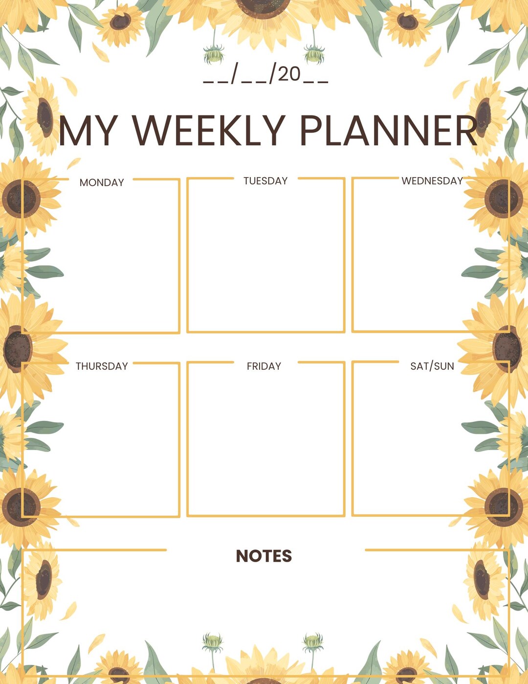 Sunflower Weekly Planner Printable PDF | Fall Summer Digital Planner ...
