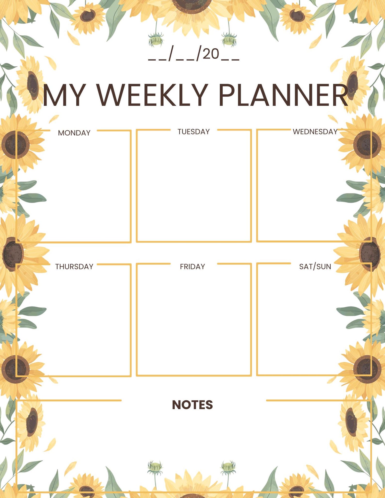 Sunflower Weekly Planner Printable PDF | Fall Summer Digital Planner ...