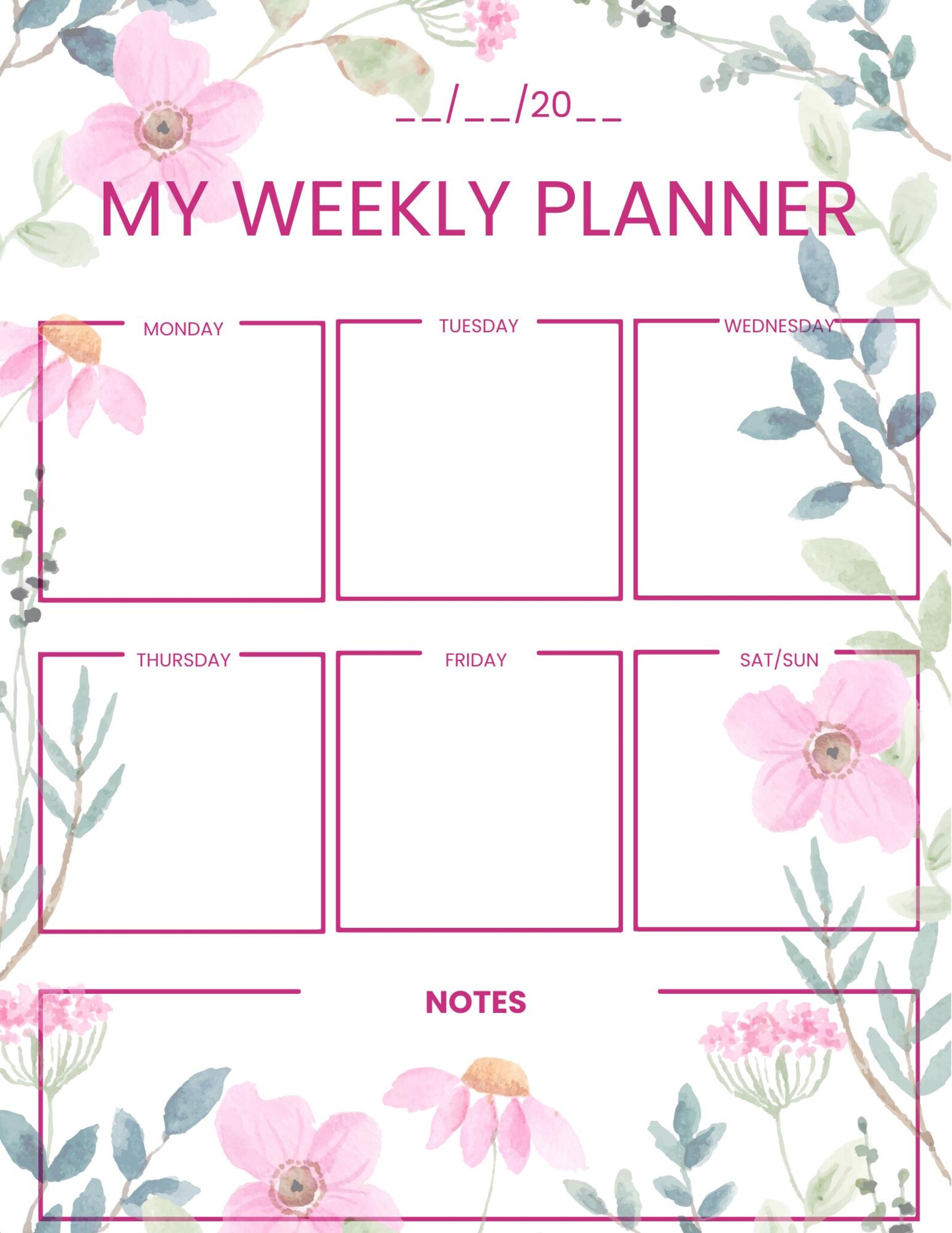 Digital Weekly Planner Template Printable PDF: Pink, Floral, Daisy ...