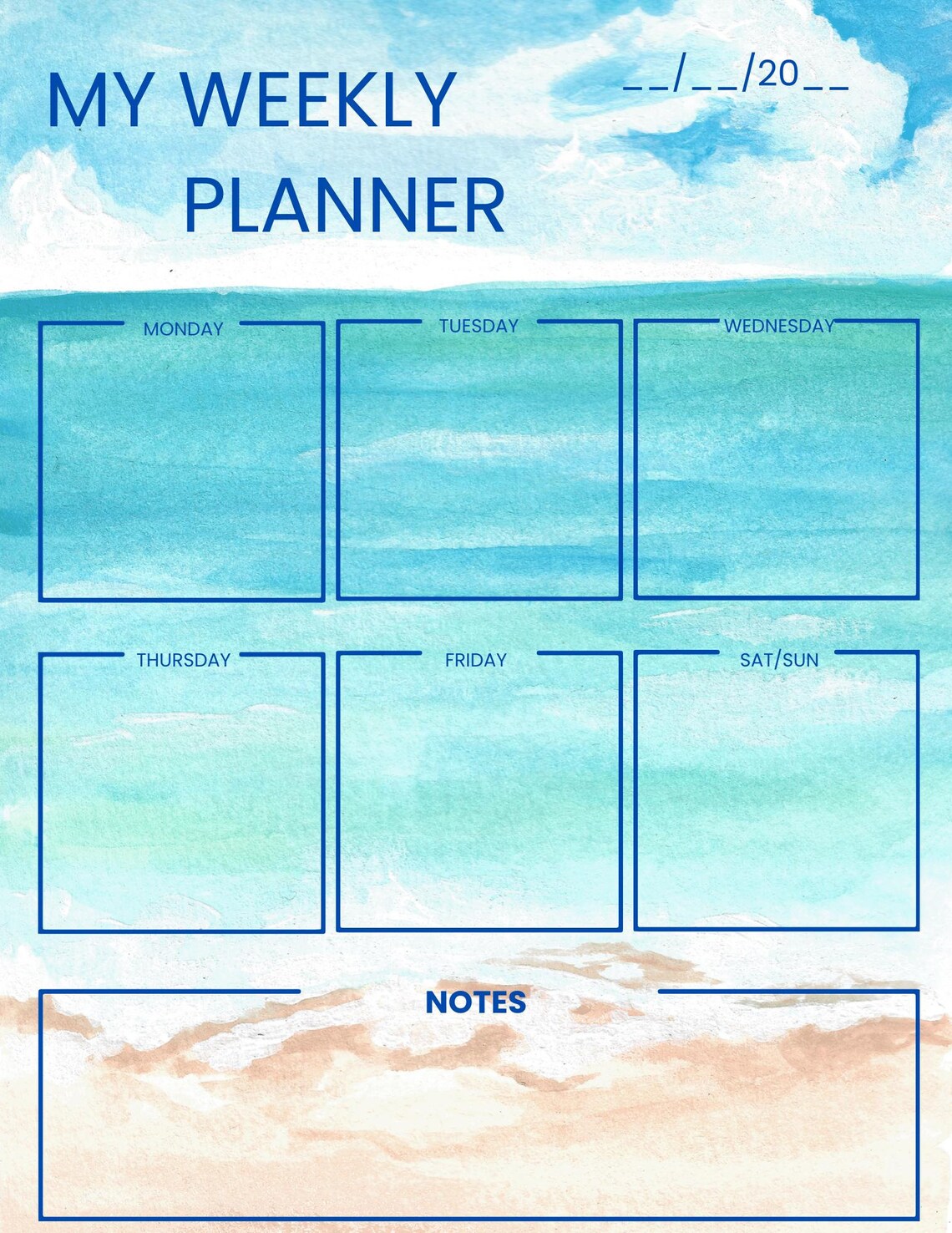 Digital Weekly Planner Template Printable PDF: Simple Beach, Watercolor ...