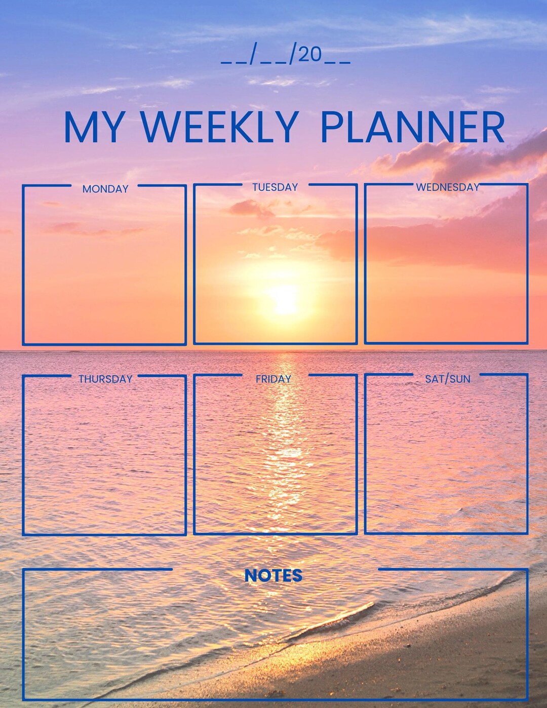 Beach Sunset Weekly Planner | Watercolor Ocean Theme (digital Download ...