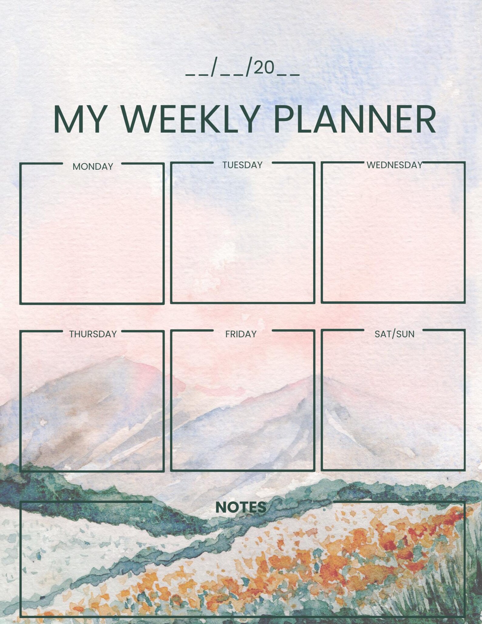 Digital Weekly Planner Template Printable PDF: Simple Mountain ...