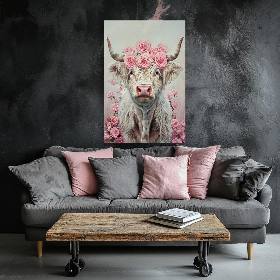 Portrait of White Cow With Pink Roses, Canvas Print. Beautiful Horned ...
