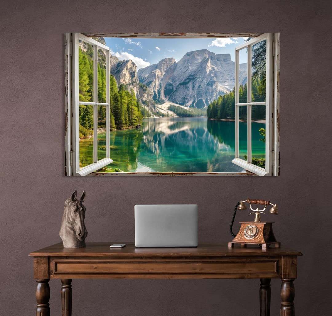 An Open Window Overlooking Mountains, Rocks Reflected in Lake, Canvas ...
