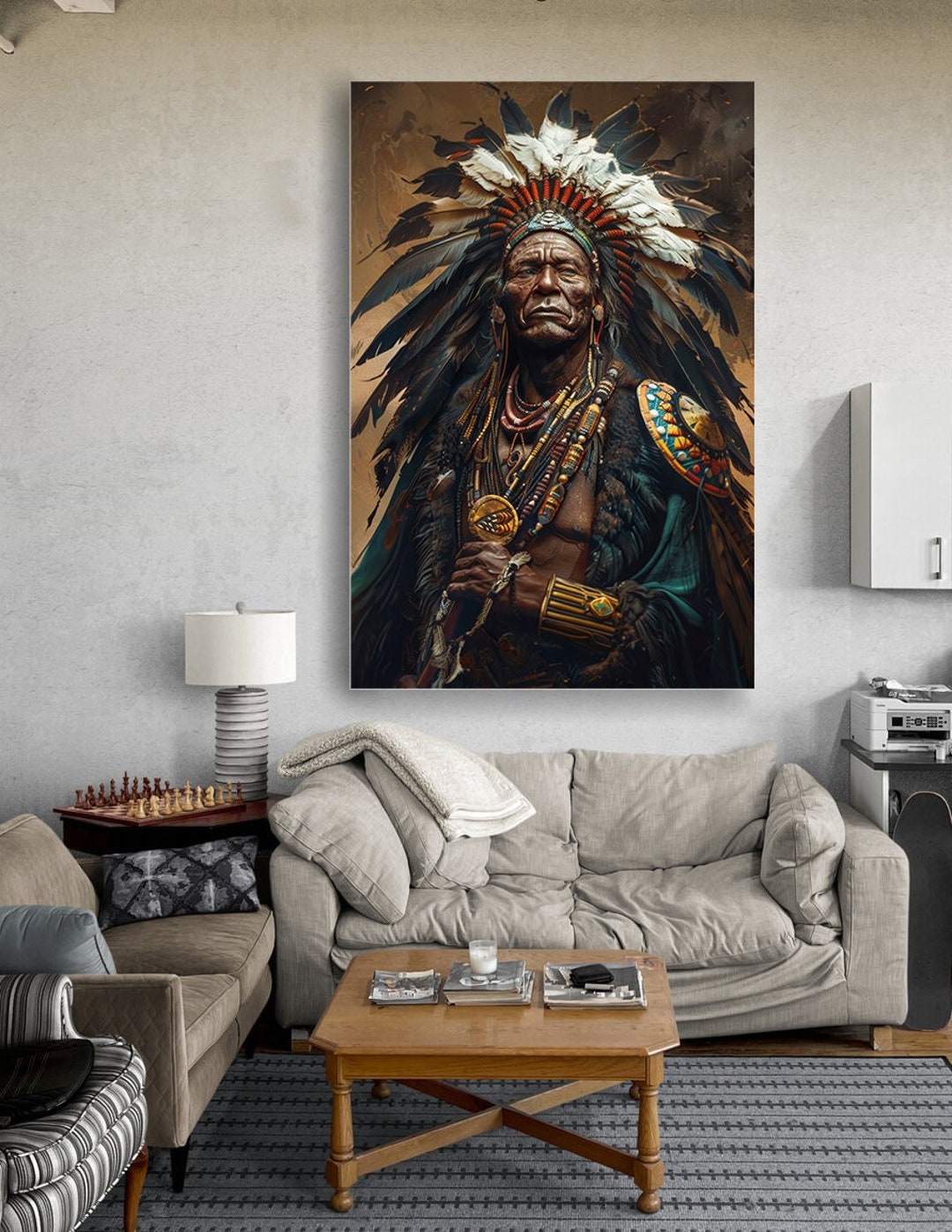 Portrait of American Indian Chief Canvas Print, Old Indian Warrior Man ...