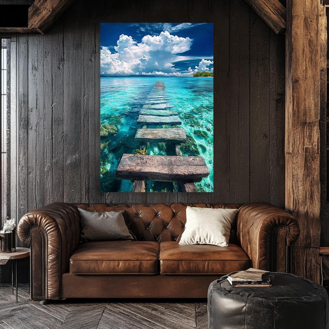 Wooden Pontoon Over Azure Waters of Ocean, Canvas Print. Aged Bridge in ...