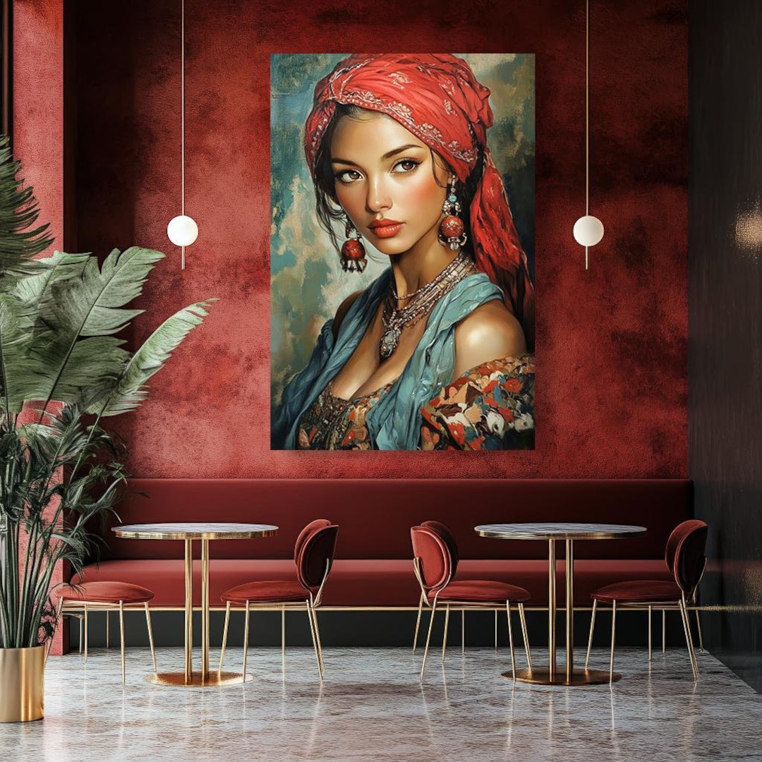 Young Gypsy Woman in Jewelry, in Red Scarf on Her Head, Canvas Print ...