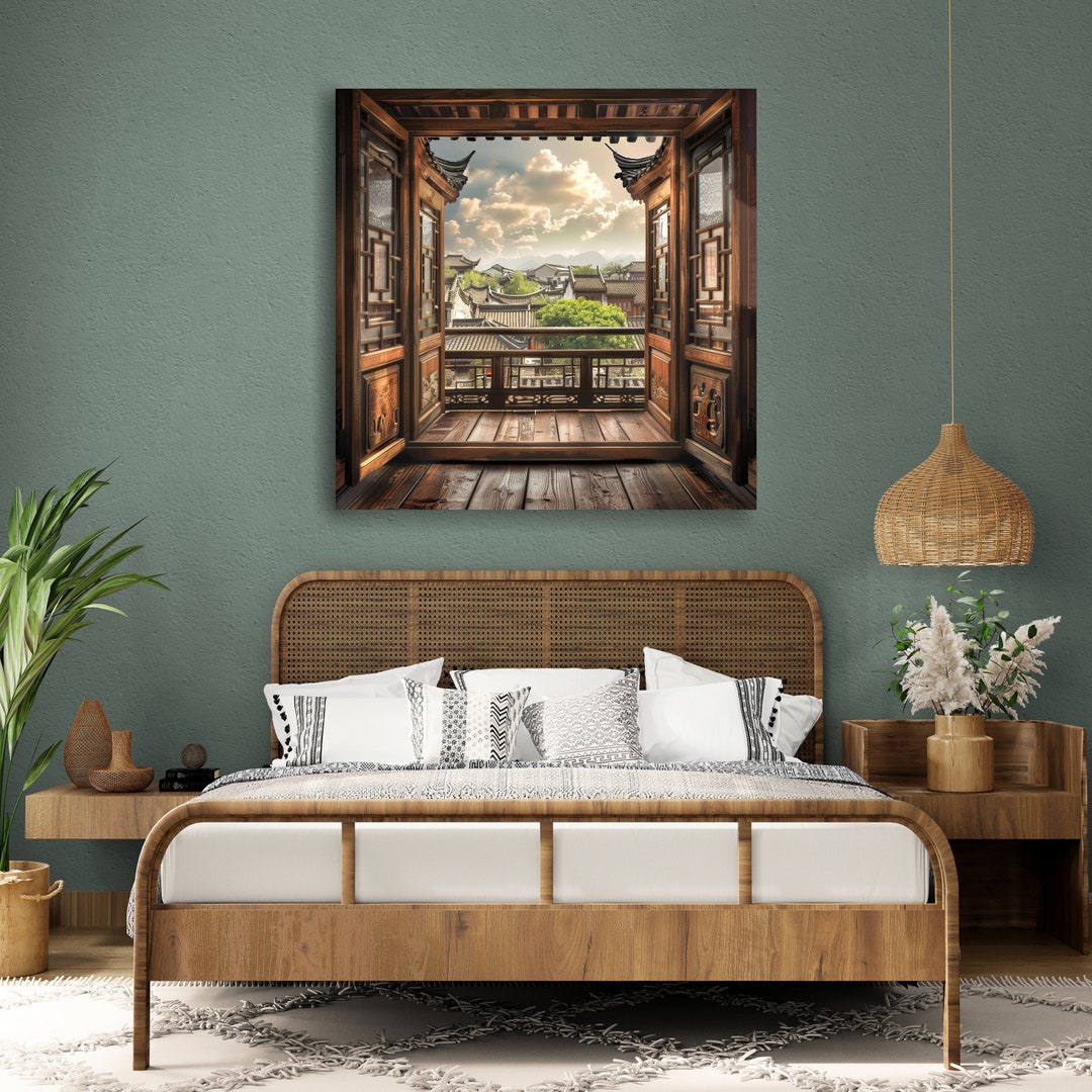 Chinese Open Window View Canvas. View Through Carved Wooden Window of a ...