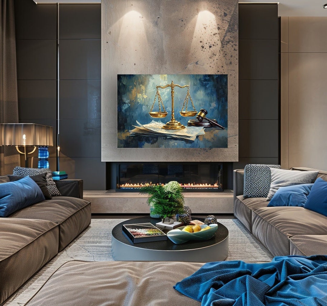 Judge Scales, Gavel, Legal Documents on Blue Background, Canvas Print ...