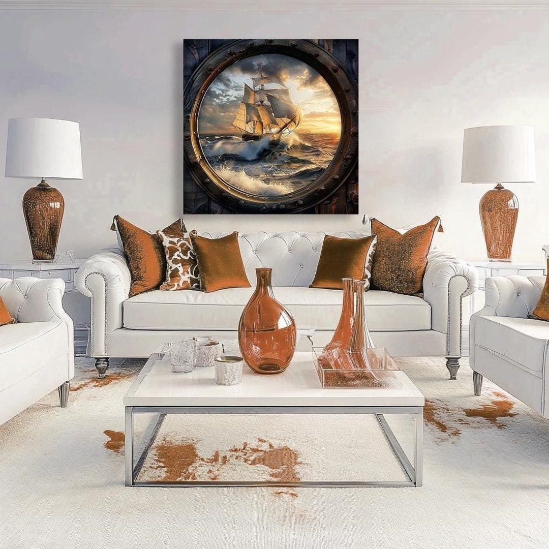 Metallic Porthole, View From Window of Ship With White Sails Canvas ...
