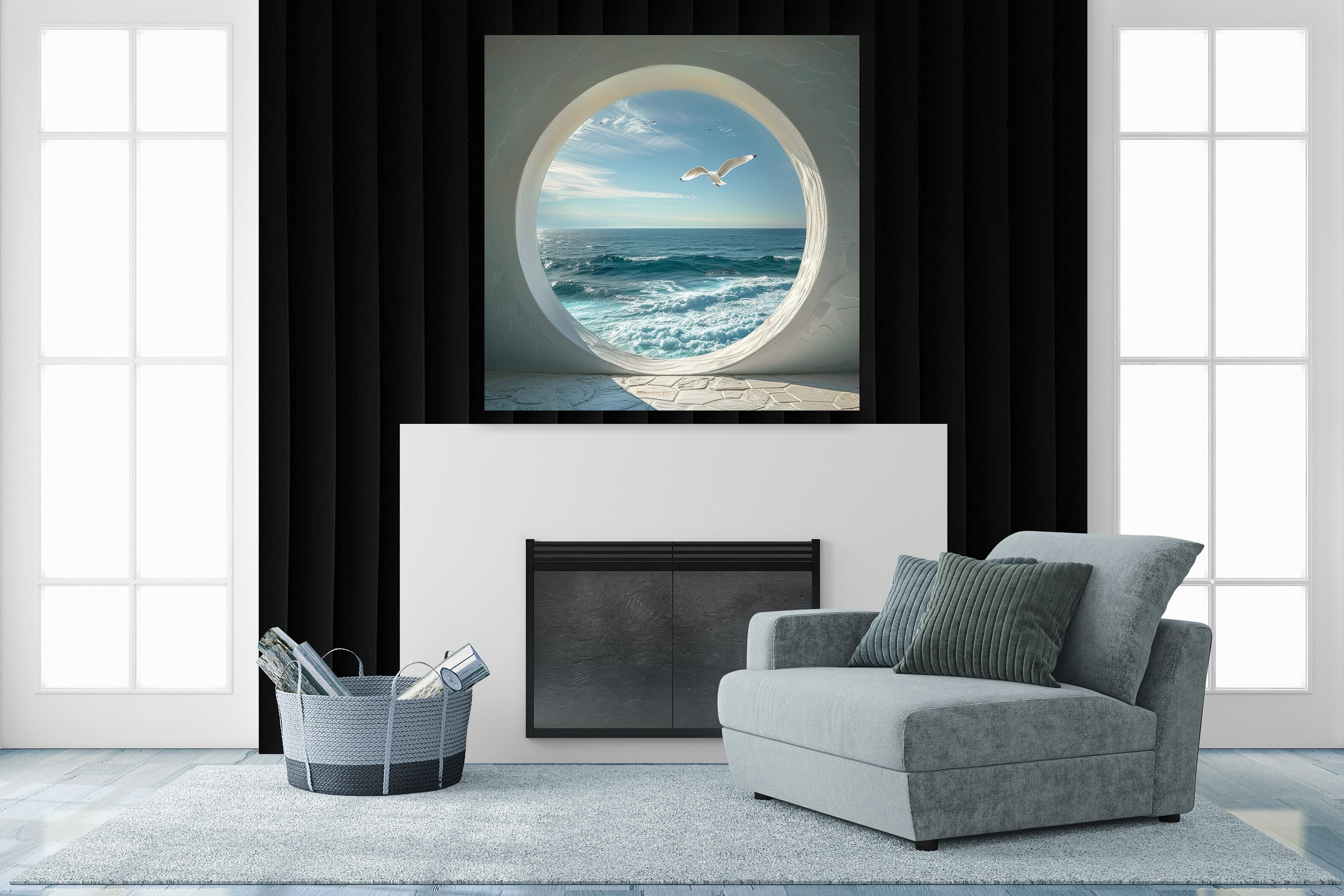 Round Window With Ocean View and Seagull Soaring in the Sky Seascape ...