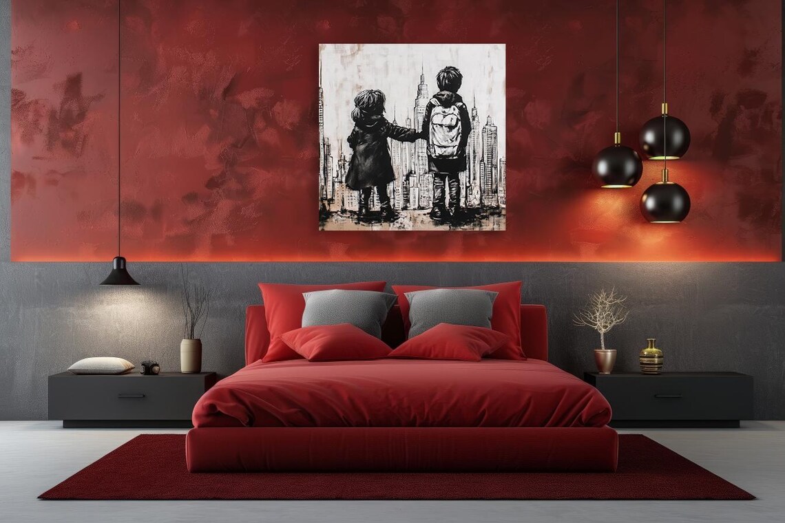 Graffiti, Banksy Style, Children Against Landscape of City, Canvas ...