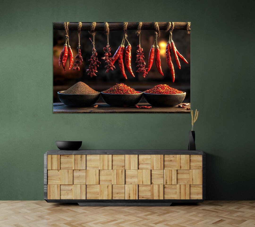 Bunches of Red Hot Peppers, Wall Art. Spices and Herbs, in Bowls at an ...