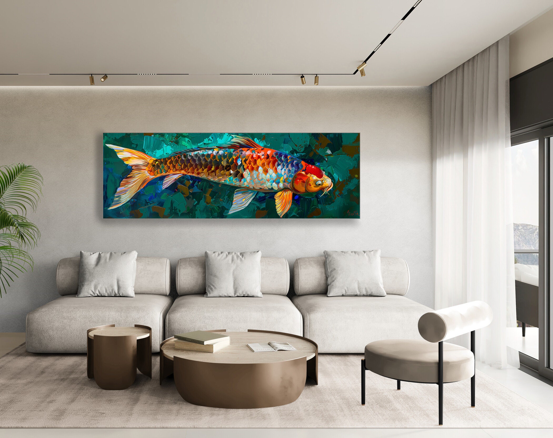 Large Canvas Painting of Big Fish, Wall Art Modern Design Colorful Carp ...
