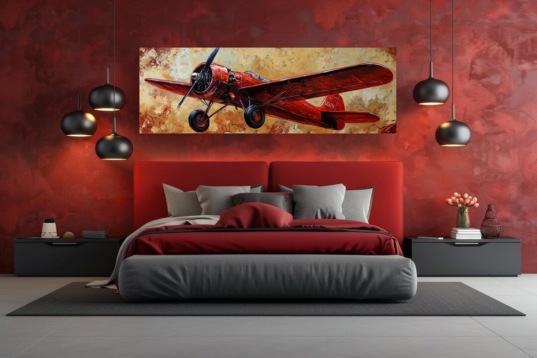 Retro Biplane, Propeller Airplane, Canvas Print. Panoramic Red Aircraft ...