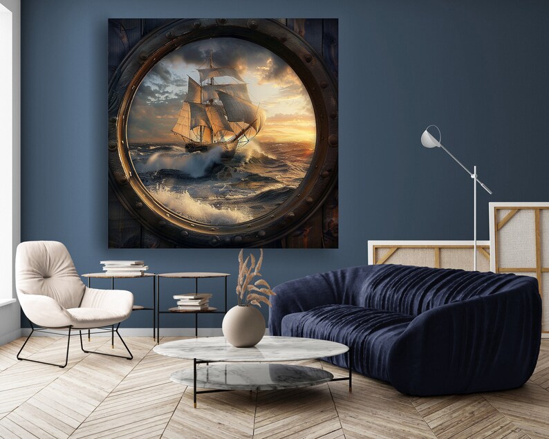 Ocean Porthole With Vintage Boat on Waves. View From Window of Ship ...