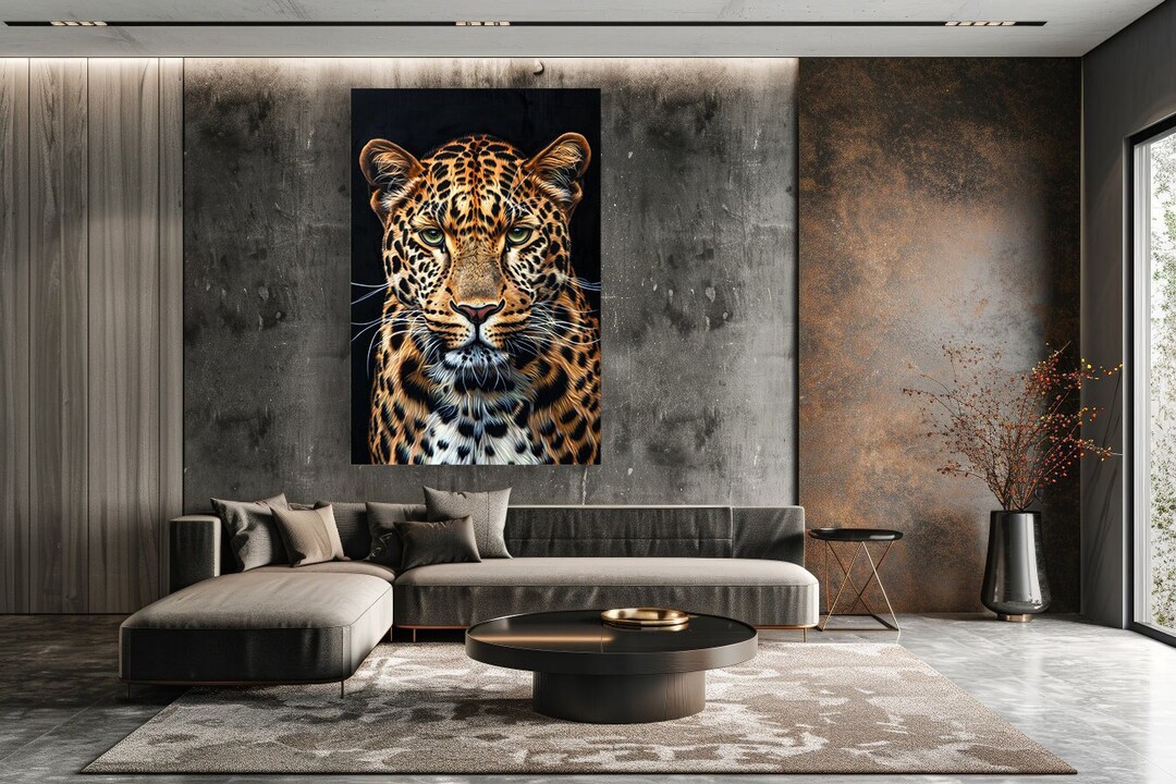 Portrait of a Leopard With a Piercing Gaze, on Black Background, Canvas ...