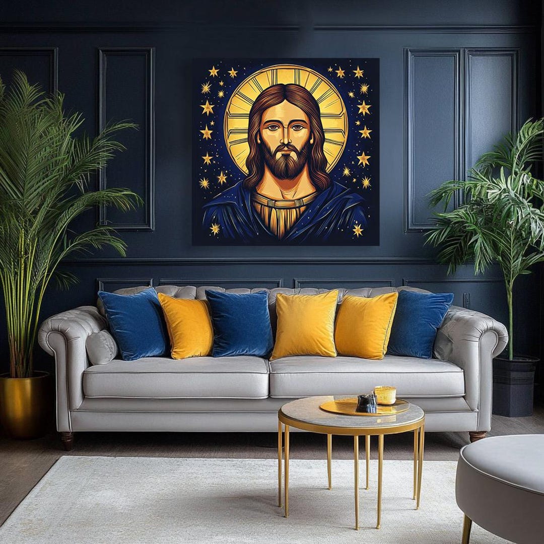 Icon, Jesus Christ With Gold Halo, Religious Painting Rint on Blue ...
