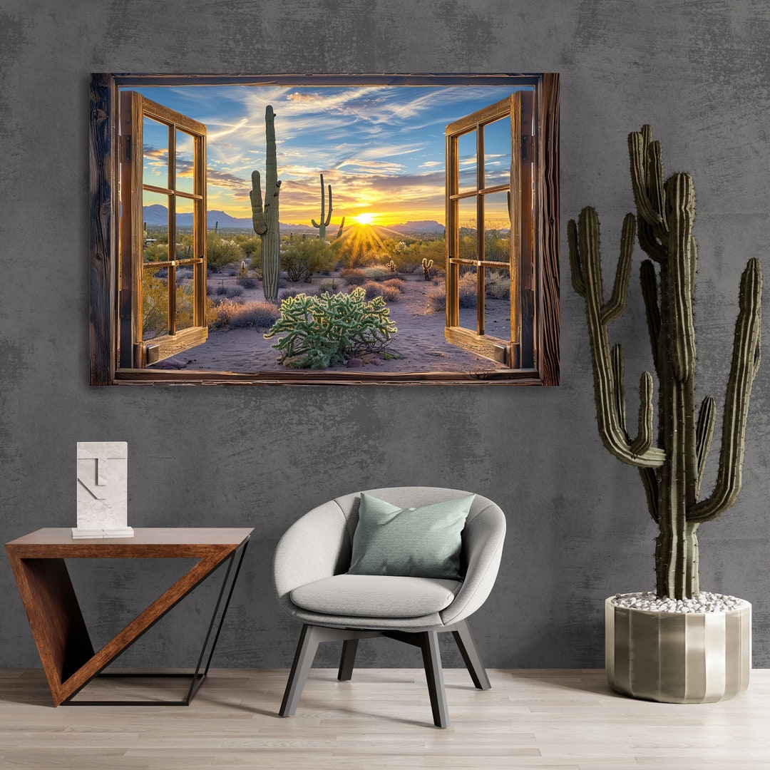 View From Wooden Window to Picturesque Desert of USA, Cacti at Dawn ...